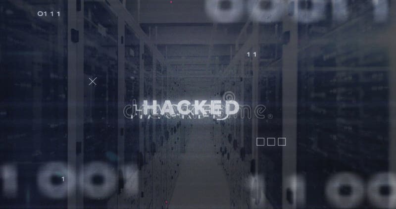 Glitch-style HACKED Text Floating in Narrow Server Corridor, with ...