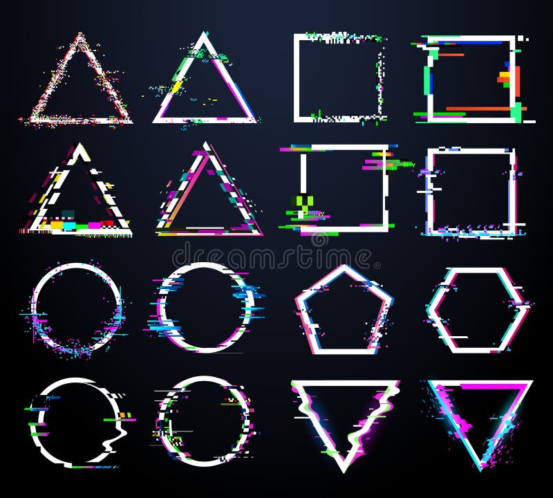 Glitch White Frames. Distorted Circle, Square and Triangle and ...
