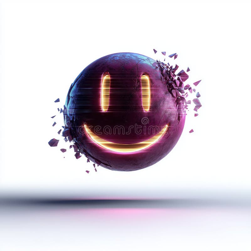 Glitched Emoticon Face with Shattered Glass Texture on White Background ...