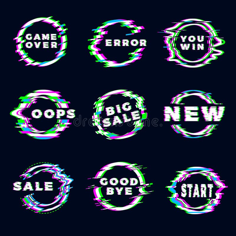 Glitches Badges. Grunge Abstract Circles Frames with Personal Text ...