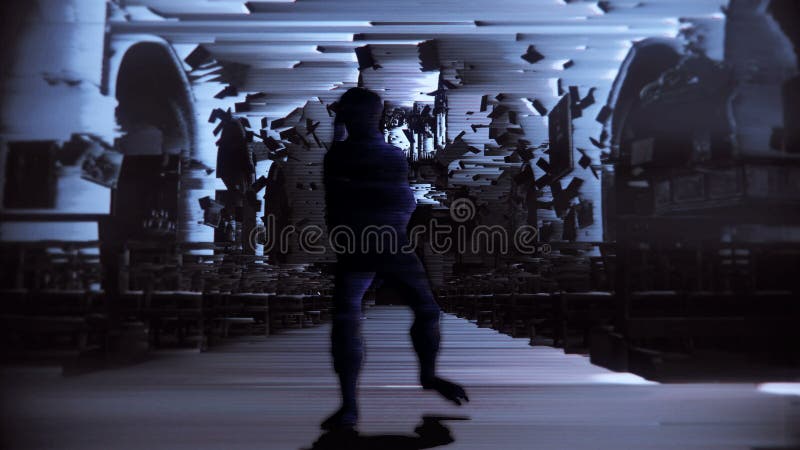 A Glitching, Digital Monster Walking Amongst Floating Bibles. Stock ...