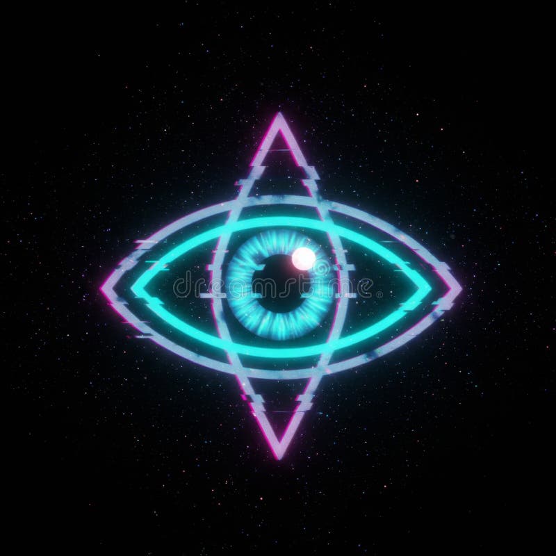 Glitching Neon Eye Symbol in Cosmic Space Stock Illustration ...