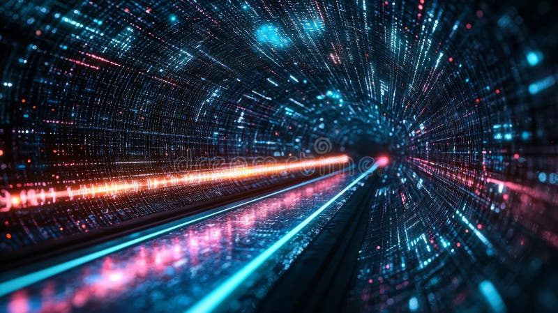 Glitchy Futuristic Tunnel Made of Data Particles and Neon Light Trails ...