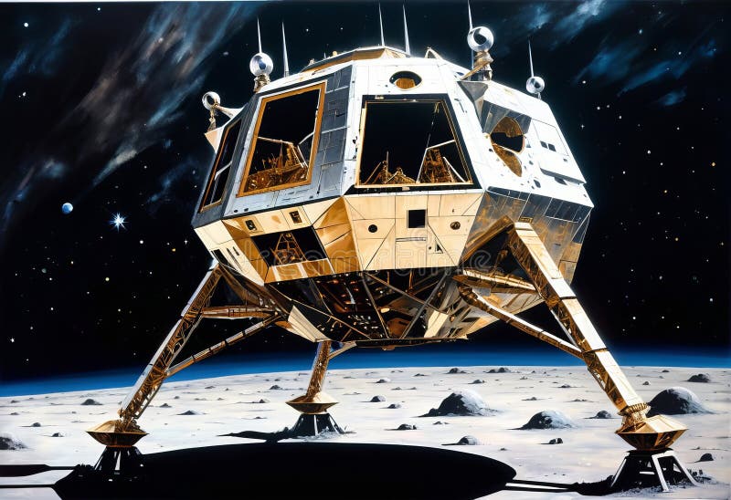 A Glitchy Lunar Moon Module, Its Metal Hull Corroded and Sparking Stock ...