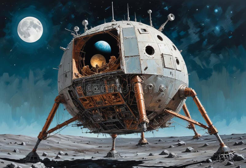 A Glitchy Lunar Moon Module, Its Metal Hull Corroded and Sparking Stock ...