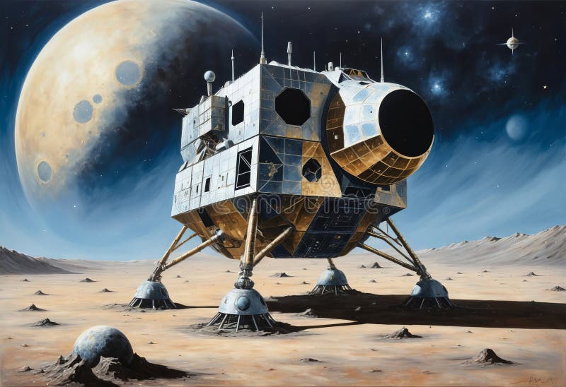 A Glitchy Lunar Moon Module, Its Metal Hull Corroded and Sparking Stock ...