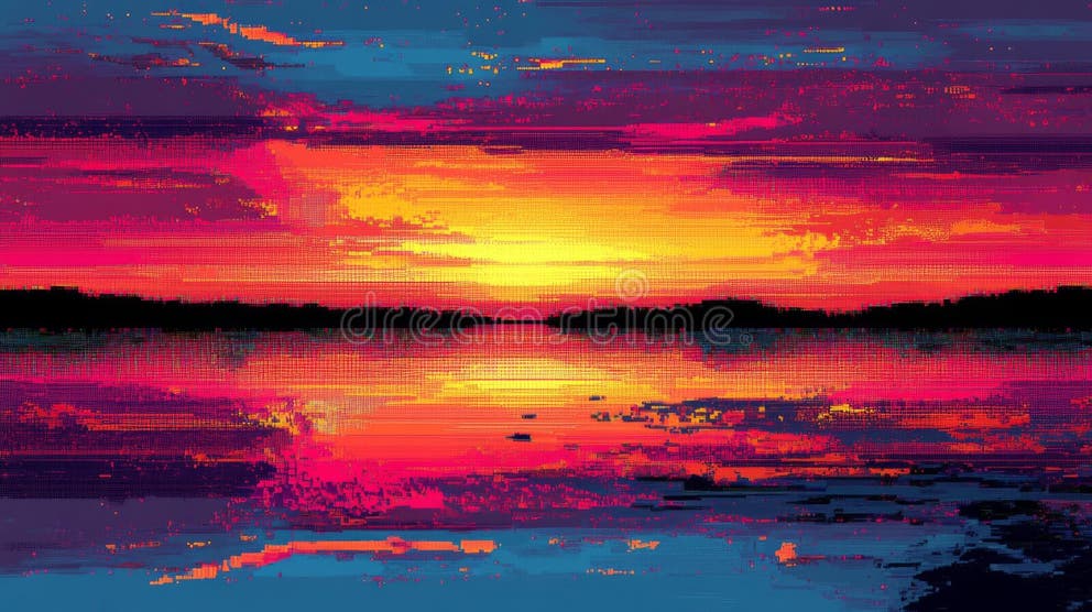 Glitchy Pixel Sunset Over Calm Lake Reflection Stock Illustration ...