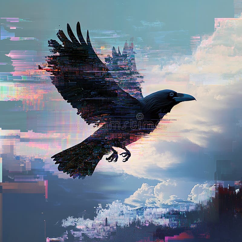 Glitchy Raven Flying through a Distorted Digital Landscape Stock ...
