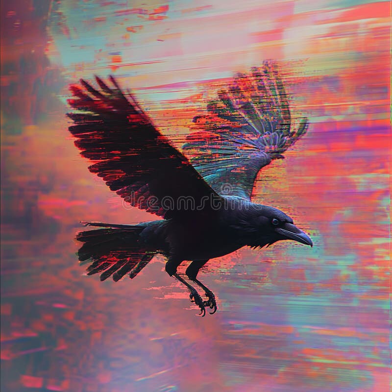Glitchy Raven Flying through a Distorted Digital Landscape Stock ...