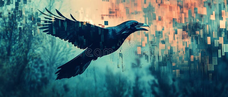 Glitchy Raven Flying through a Distorted Digital Landscape Stock ...