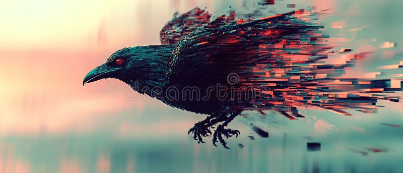 Glitchy Raven Flying through a Distorted Digital Landscape Stock ...