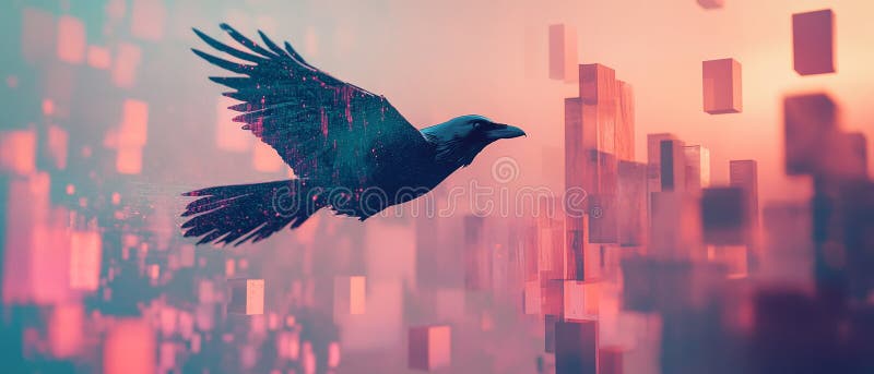 Glitchy Raven Flying through a Distorted Digital Landscape Stock ...
