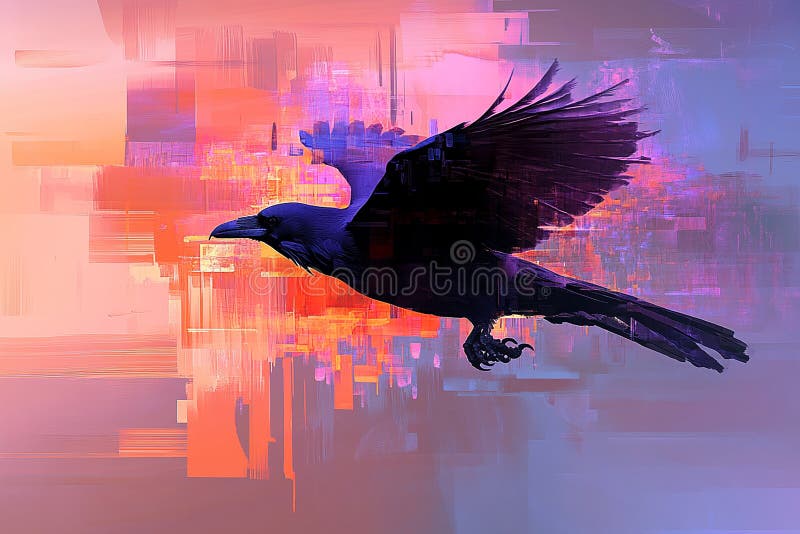 Glitchy Raven Flying through a Distorted Digital Landscape Stock ...