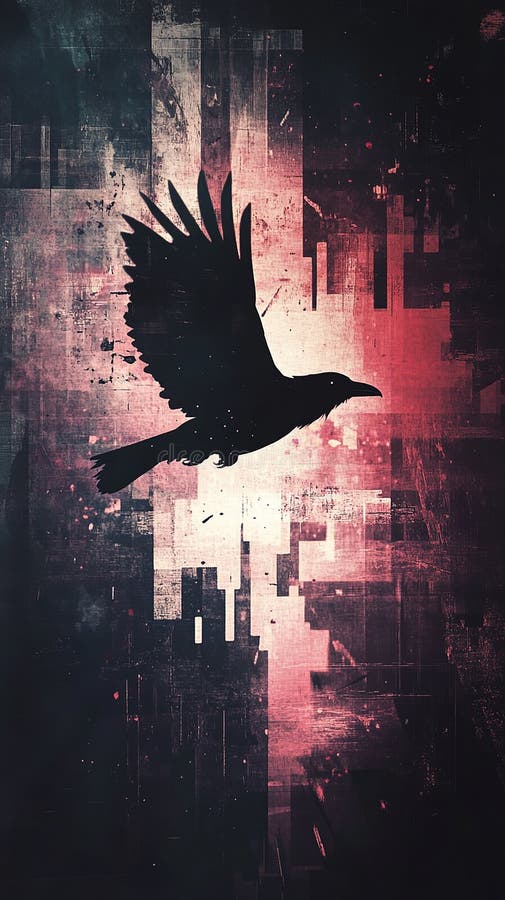 Glitchy Raven Flying through a Distorted Digital Landscape Stock ...