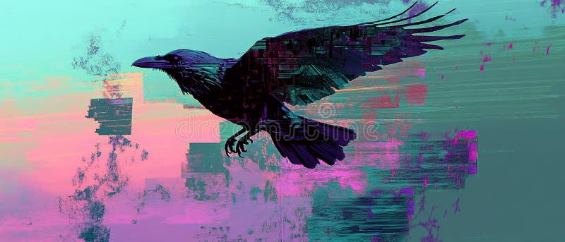 Glitchy Raven Flying through a Distorted Digital Landscape Stock ...