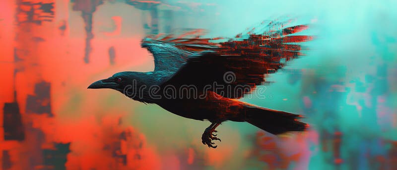 Glitchy Raven Flying through a Distorted Digital Landscape Stock ...