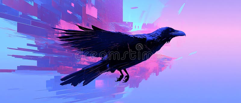 Glitchy Raven Flying through a Distorted Digital Landscape Stock ...