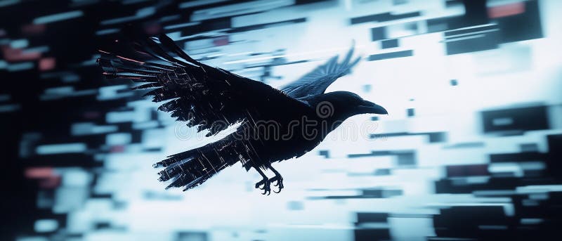 Glitchy Raven Flying through a Distorted Digital Landscape Stock ...