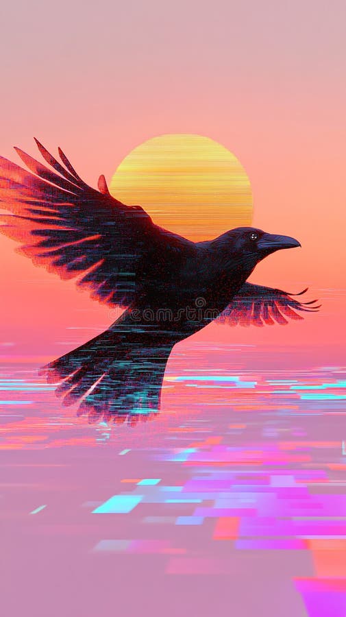 Glitchy Raven Flying through a Distorted Digital Landscape Stock ...