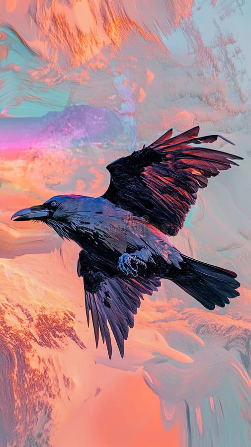 Glitchy Raven Flying through a Distorted Digital Landscape Stock ...
