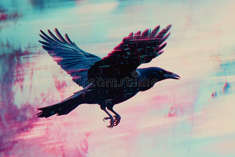 Glitchy Raven Flying through a Distorted Digital Landscape Stock ...