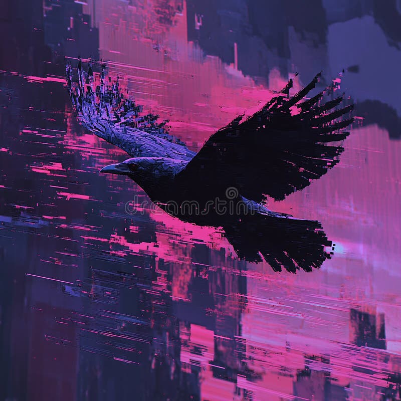 Glitchy Raven Flying through a Distorted Digital Landscape Stock ...
