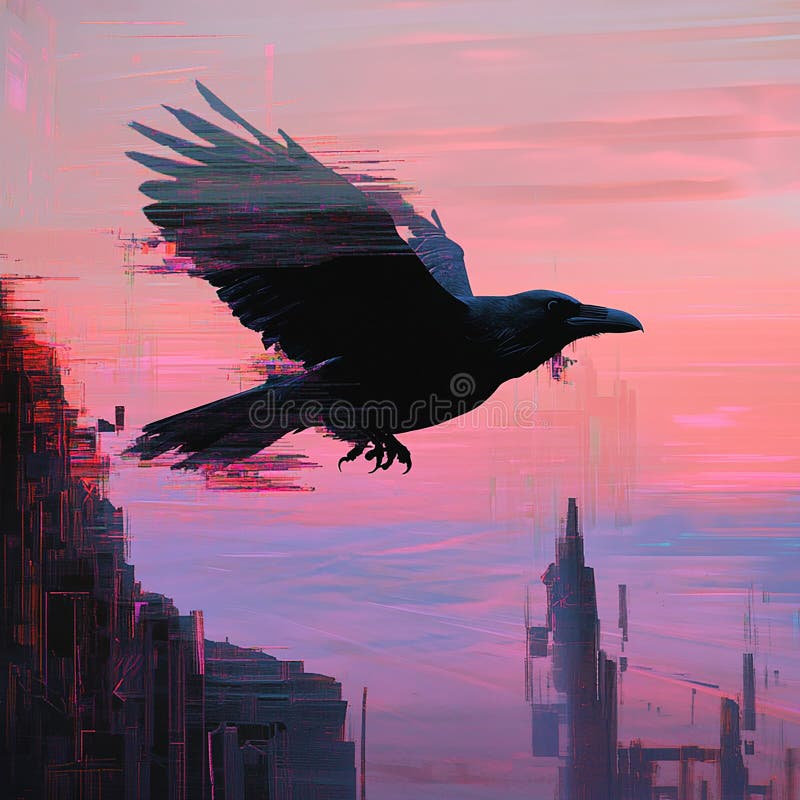 Glitchy Raven Flying through a Distorted Digital Landscape Stock ...