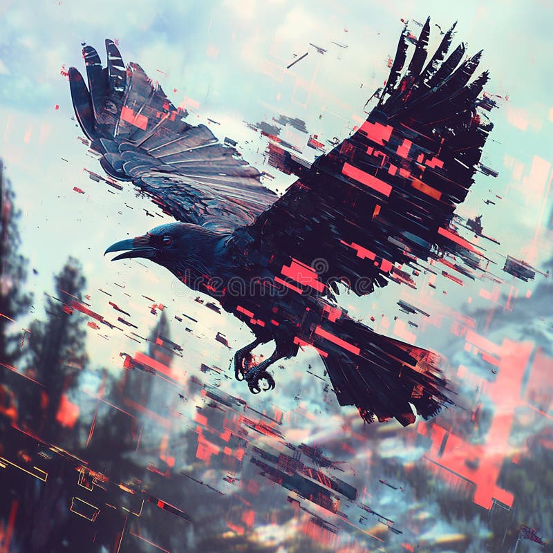 Glitchy Raven Flying through a Distorted Digital Landscape Stock ...