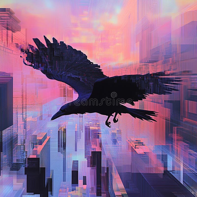 Glitchy Raven Flying through a Distorted Digital Landscape Stock ...