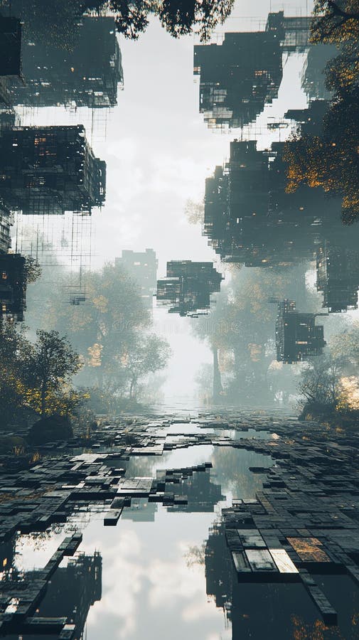 A Glitchy Virtual Wasteland with Fragmented Terrain and Floating Code Blocks. Stock Illustration ...