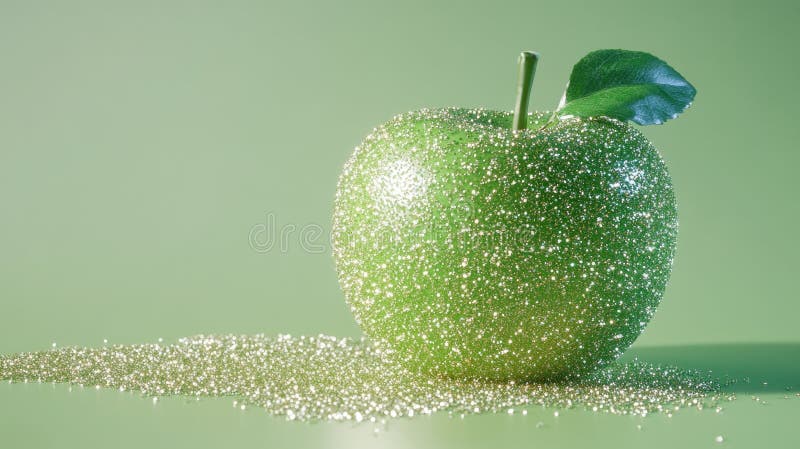 Glitter-covered Green Apple on Light Green Background with Sparkling ...