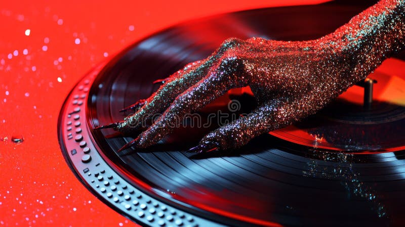Glitter-covered Hand on a Vinyl Record in Striking Red Lighting Stock ...