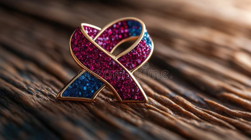 Glittering Awareness Ribbon on Wooden Surface for Support and ...