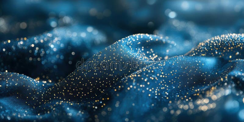 Glittering Blue Fabric Flows Smoothly with Golden Sparkle. Luxury ...