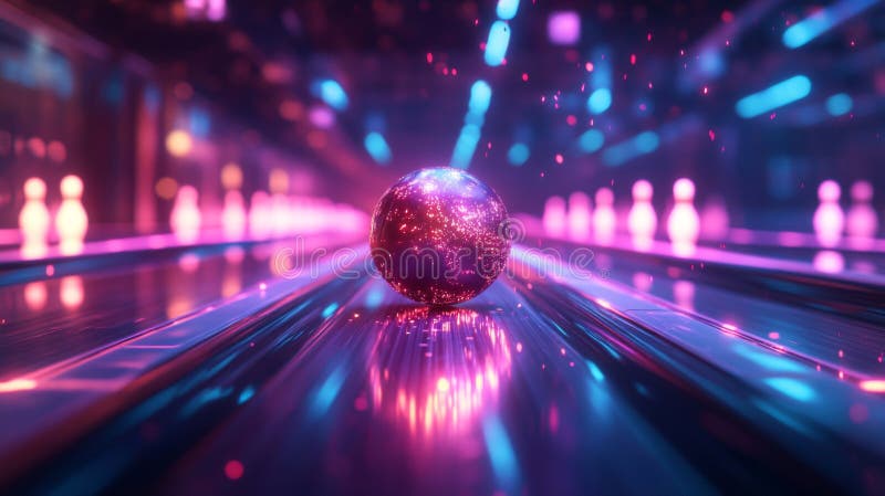 Glittering Bowling Ball Rolling on Neon Lanes Stock Illustration ...