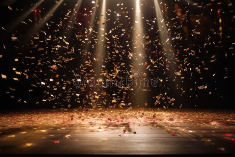 Glittering Confetti Falling Down on a Stage with Lightbeams Background ...