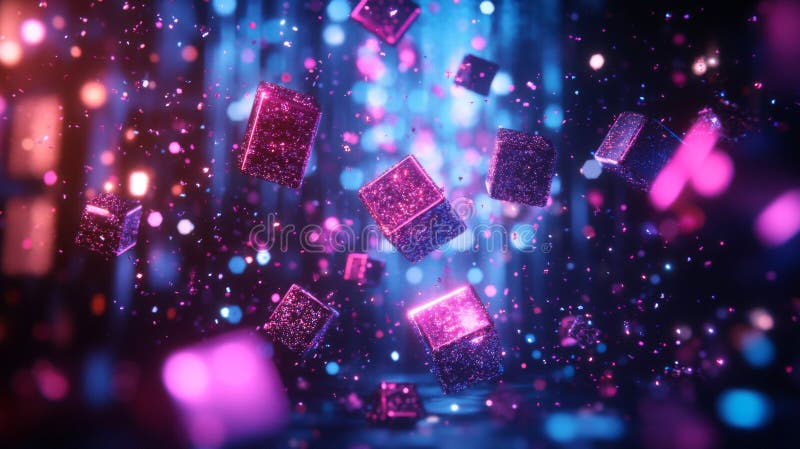 Glittering Cubes Falling through Neon Lights and Confetti Stock ...