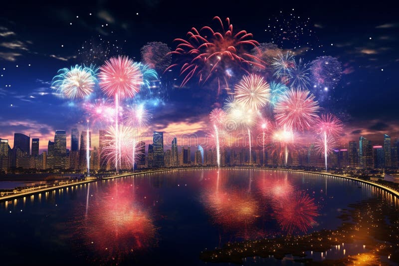 Glittering Fireworks Display Over a City Skyline Stock Illustration ...