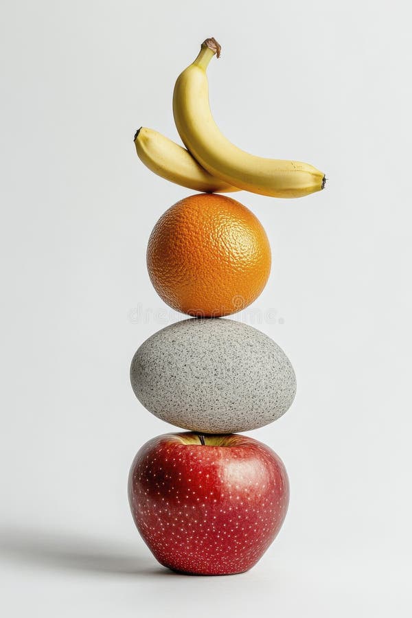 Glittering Fruit Stack Red Apple, Grey Sphere, Orange, and Bananas ...