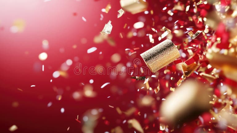 Glittering Gold Confetti Explosion on Vibrant Red Background Stock ...