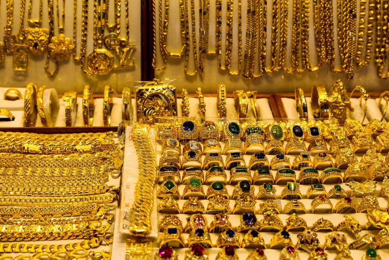 Glittering Gold Display of Chains and Rings Stock Image - Image of ...