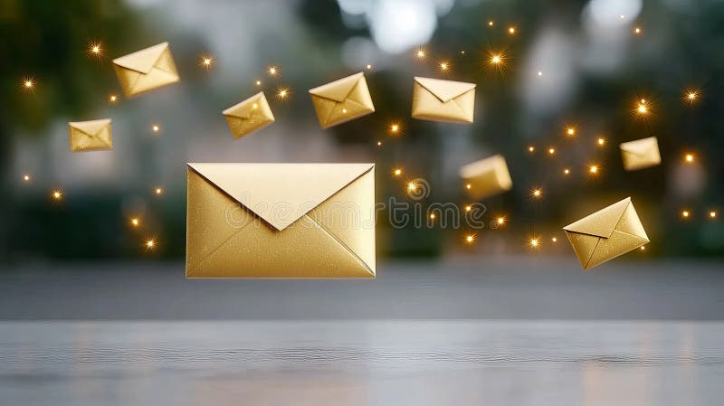 Glittering Gold Envelopes Floating in Air with Magical Sparks Stock ...
