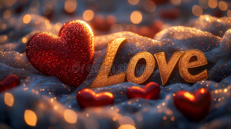 Glittering Gold Love Sign with Red Hearts Stock Illustration ...