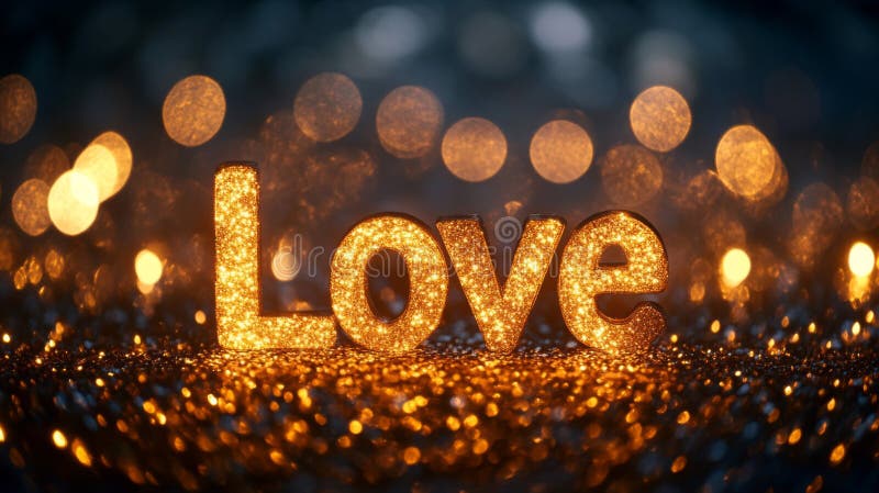 Glittering Gold Love Word on Dark Sparkle Background Stock Illustration ...