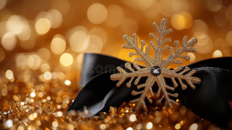 Glittering Gold Snowflake Adorned with Black Ribbon Stock Illustration ...