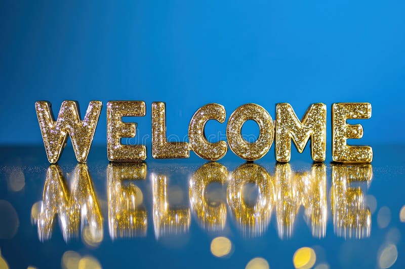 Glittering Gold Welcome Sign on Reflective Surface with Blue Background ...