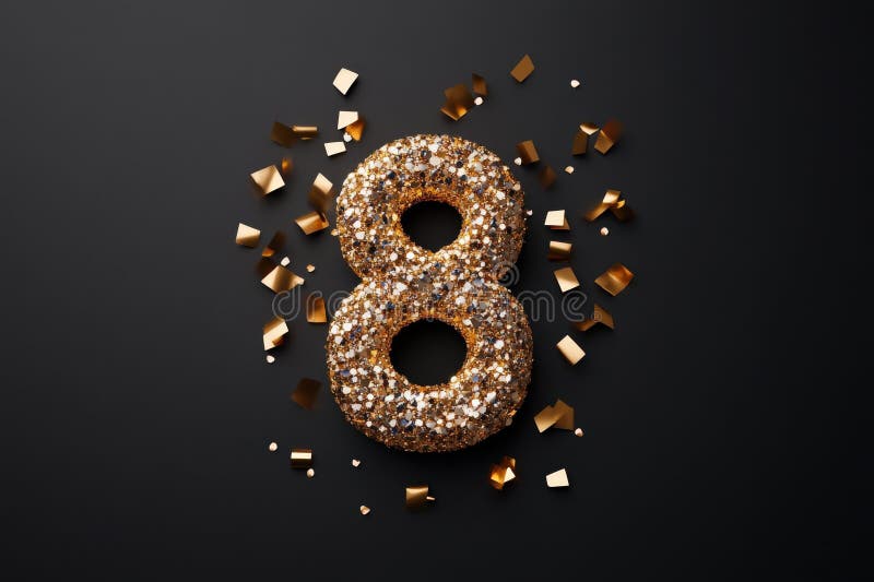Glittering Golden Number Eight with Confetti on a Dark Background Stock ...