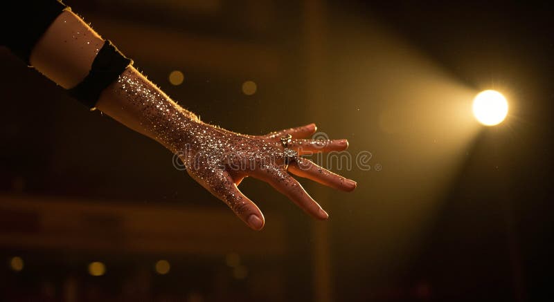 Glittering Hand Reaching in Spotlight, Sparkling Arm with a Ring Against a Dark Backdrop Stock ...