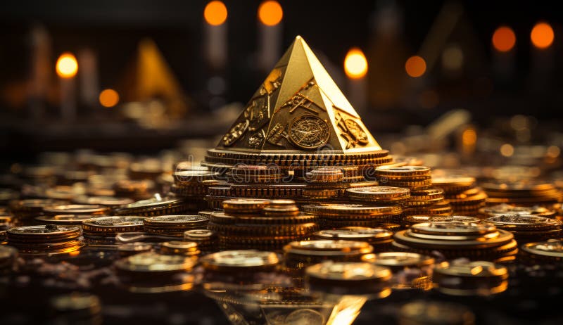 A Glittering Heap of Gold Coins Supporting a Majestic Pyramid Stock ...