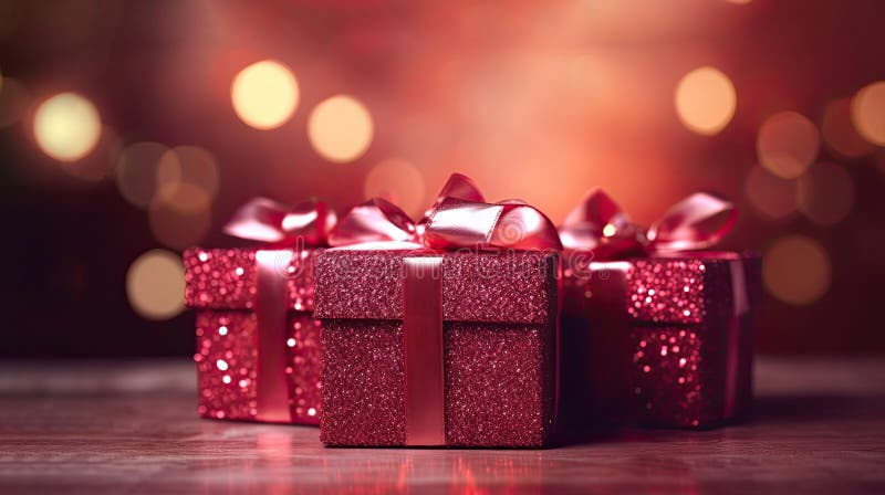 Glittering Holiday Background Adorned with Three Radiant Red Gift Boxes ...